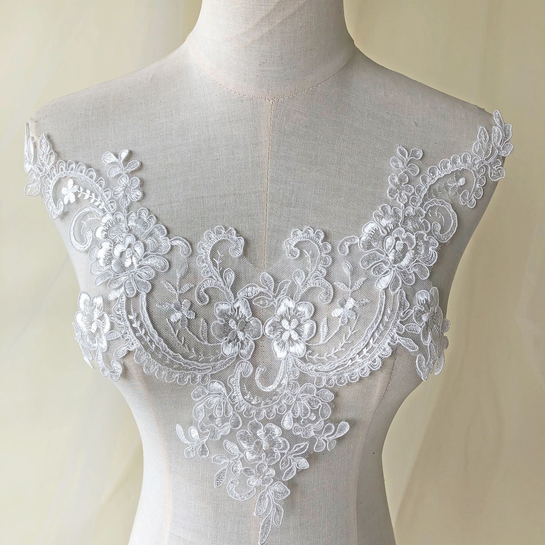 Corded Embroidery Floral V Neck Neckline Trim Applique Ivory Sewing ...
