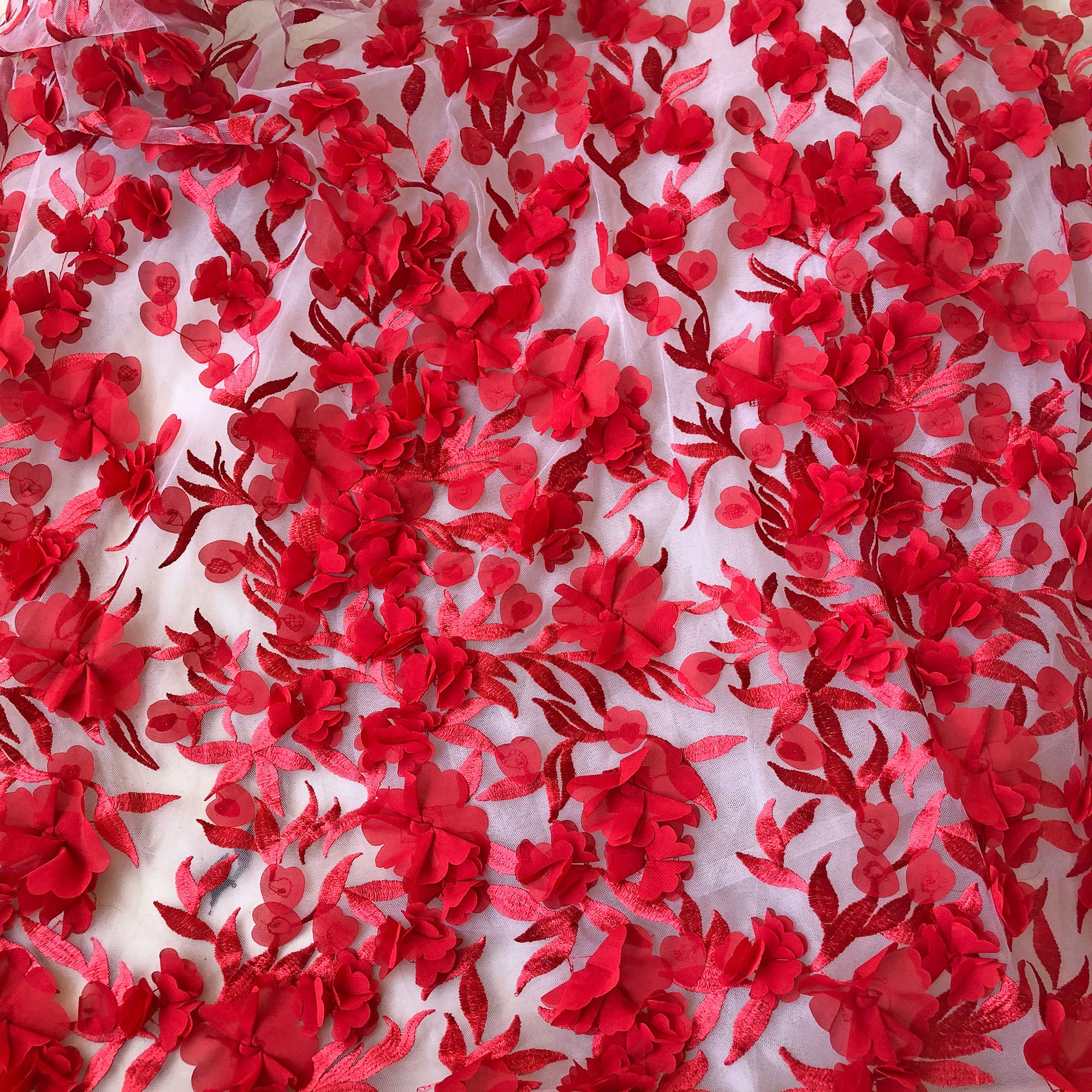 Red Flower Lace Fabric Charm Red Chiffon Floral Embroidery Vines Lace ...