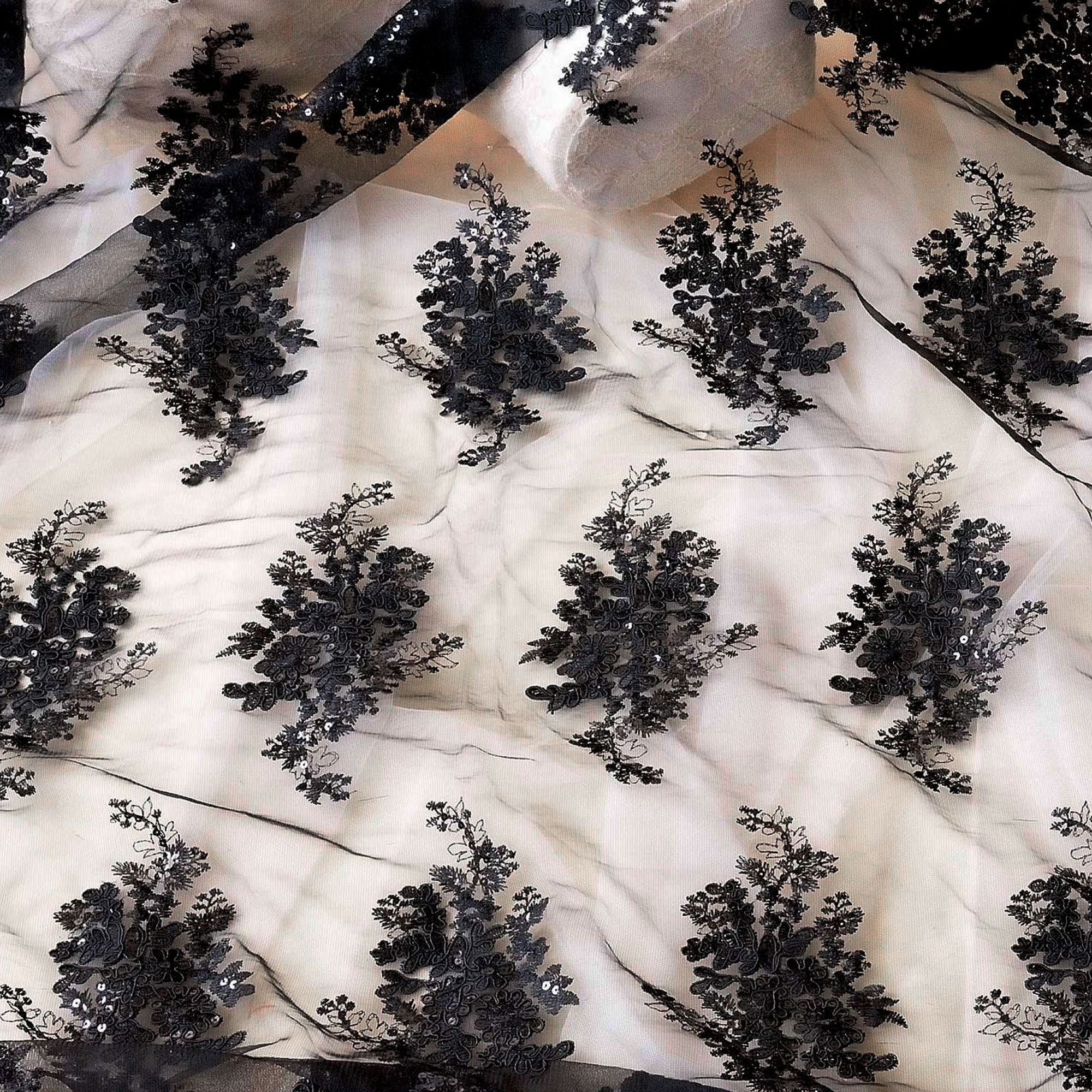 Tela de encaje negro cortado a medida corded bordado floral | Etsy