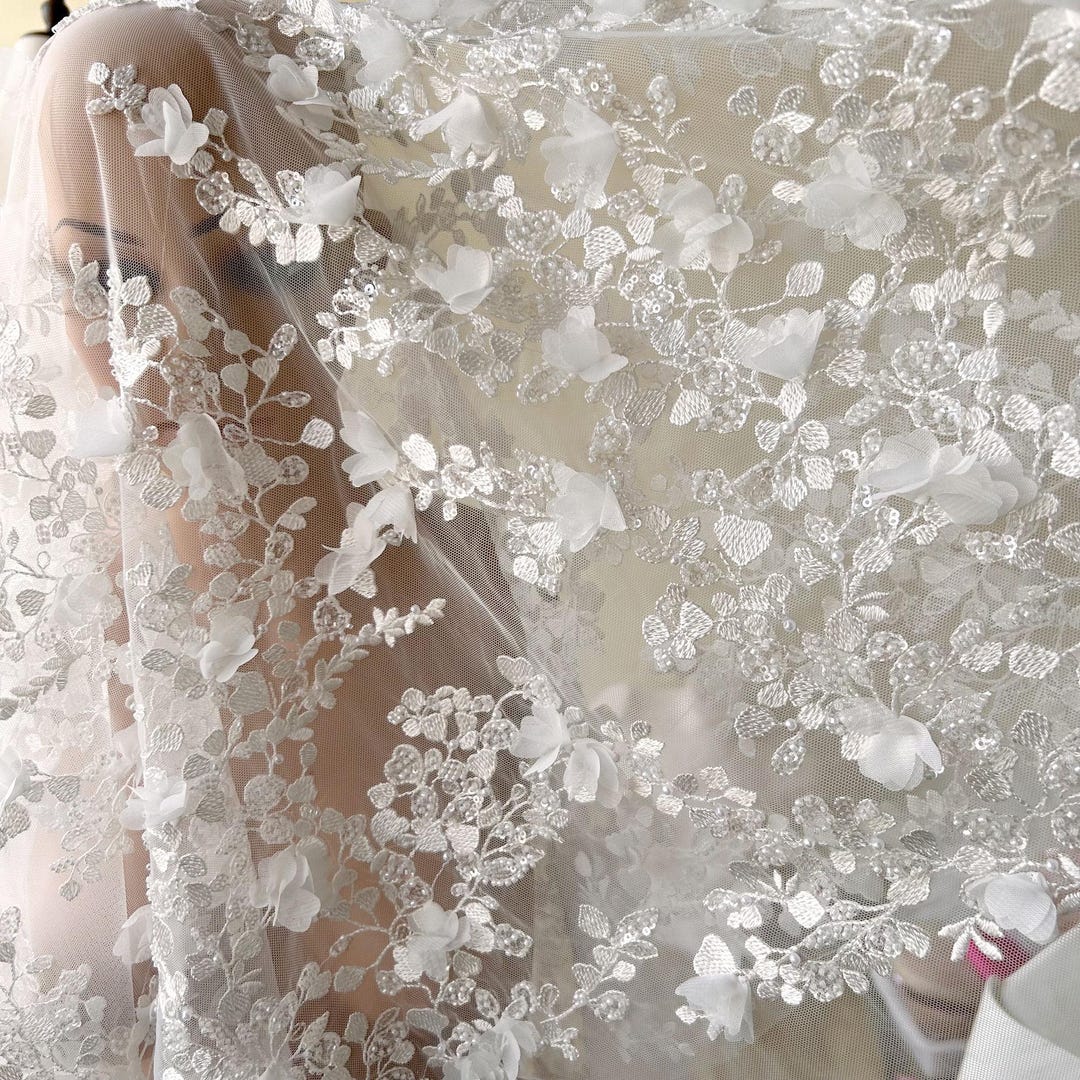 Luxury Beaded Bridal Dress Lace Fabric Shimmery Off-white Floral Lace ...