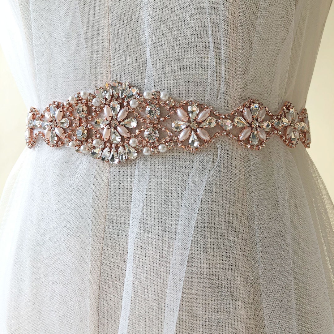 Sparkling Rose Gold Rhinestone Belt Applique Iron on Crystal Pearl ...