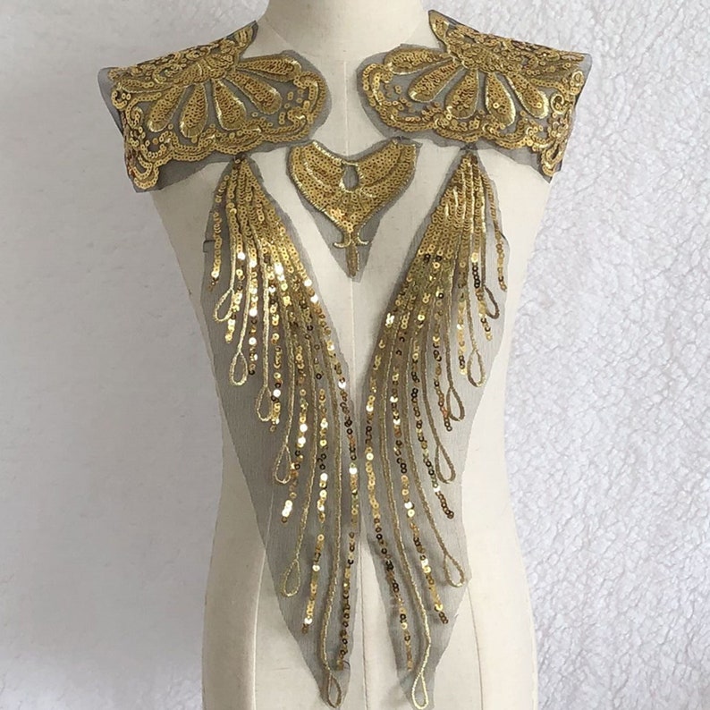 Metallic Gold Lace Applique Shine Sequined Embroidery Patch Golden ...