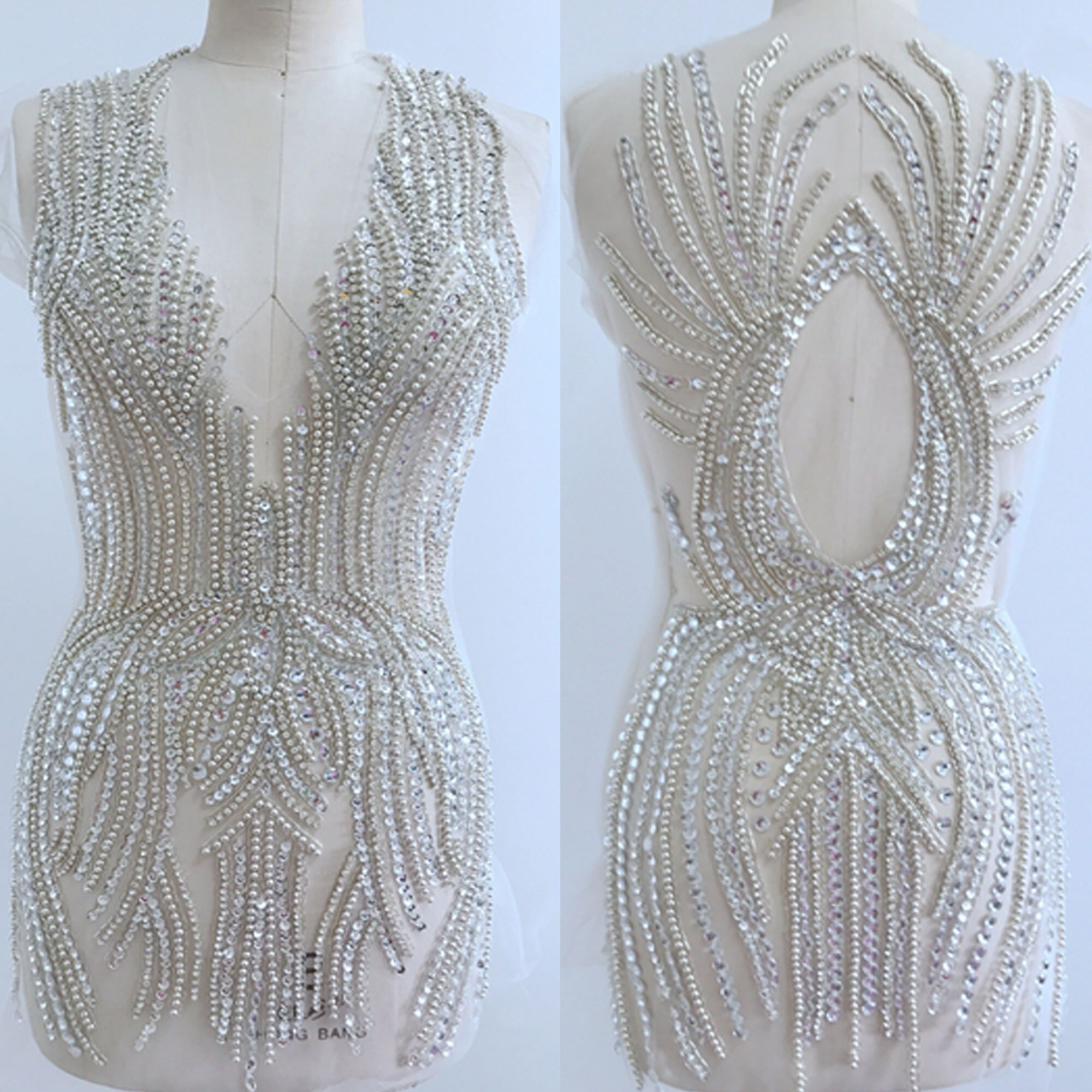 Wedding Rhinestone Applique Set Sparkling Beaded Deep V Chest | Etsy