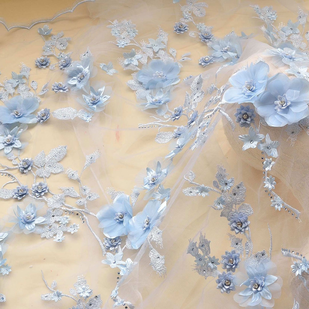 3D Flower Blue Lace Tulle Crystal Lace Fabric Embroidery Blossom Lace ...