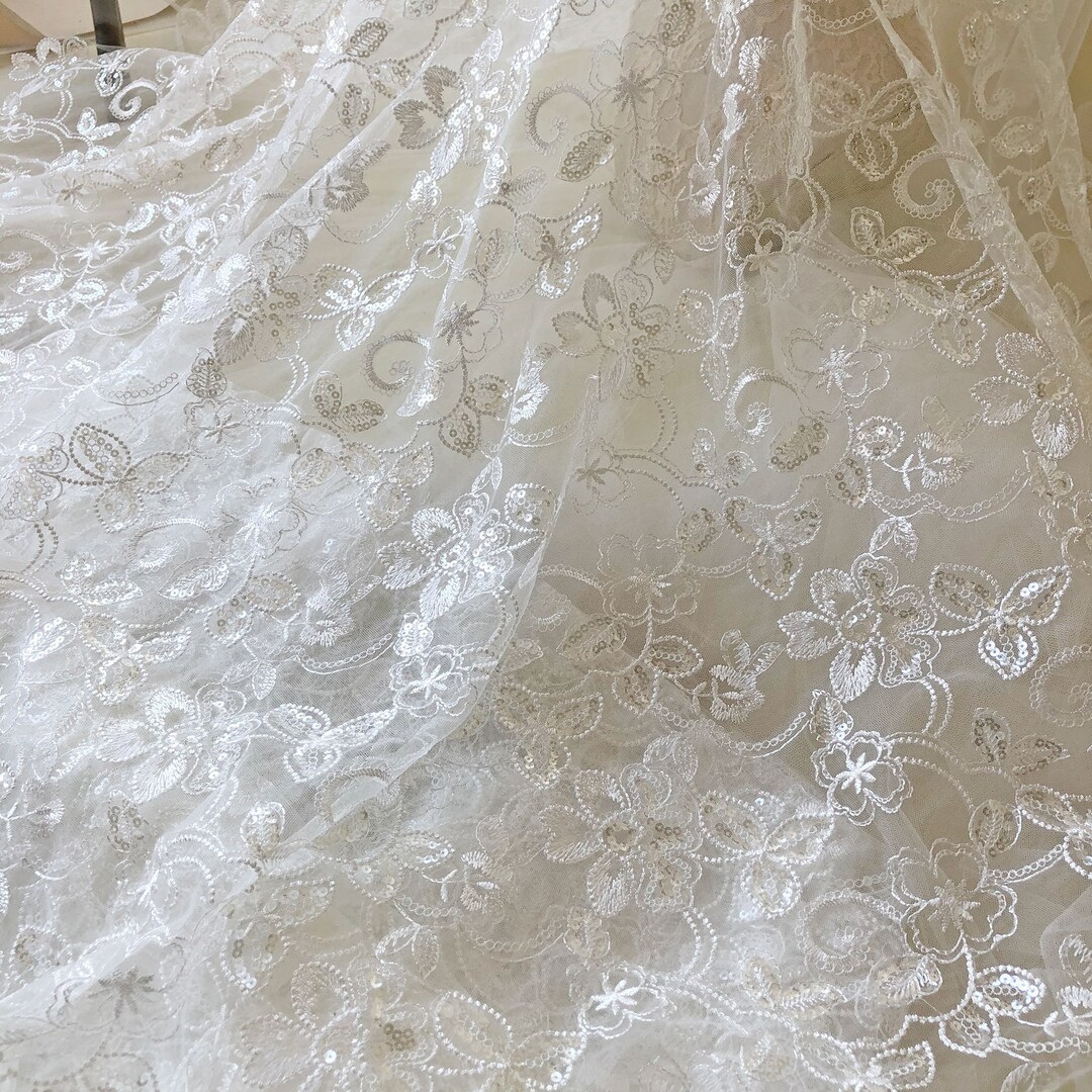 Shimmer Flower Lace Fabric off white Embroidery Lace Clear Sequined ...