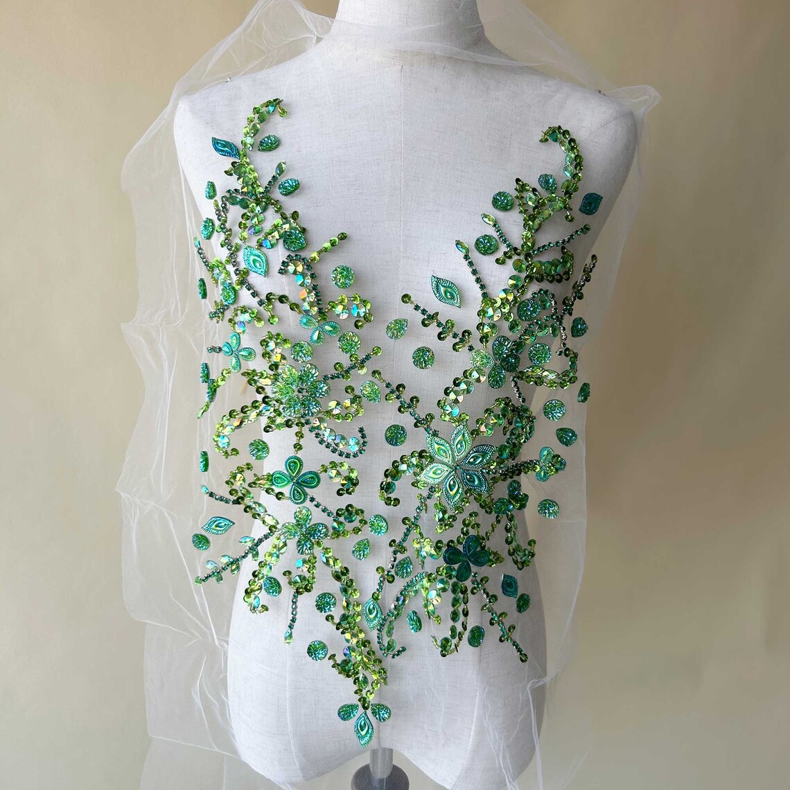 Green Beaded Applique Light Rhinestone Patch Sewing Accessories for ...