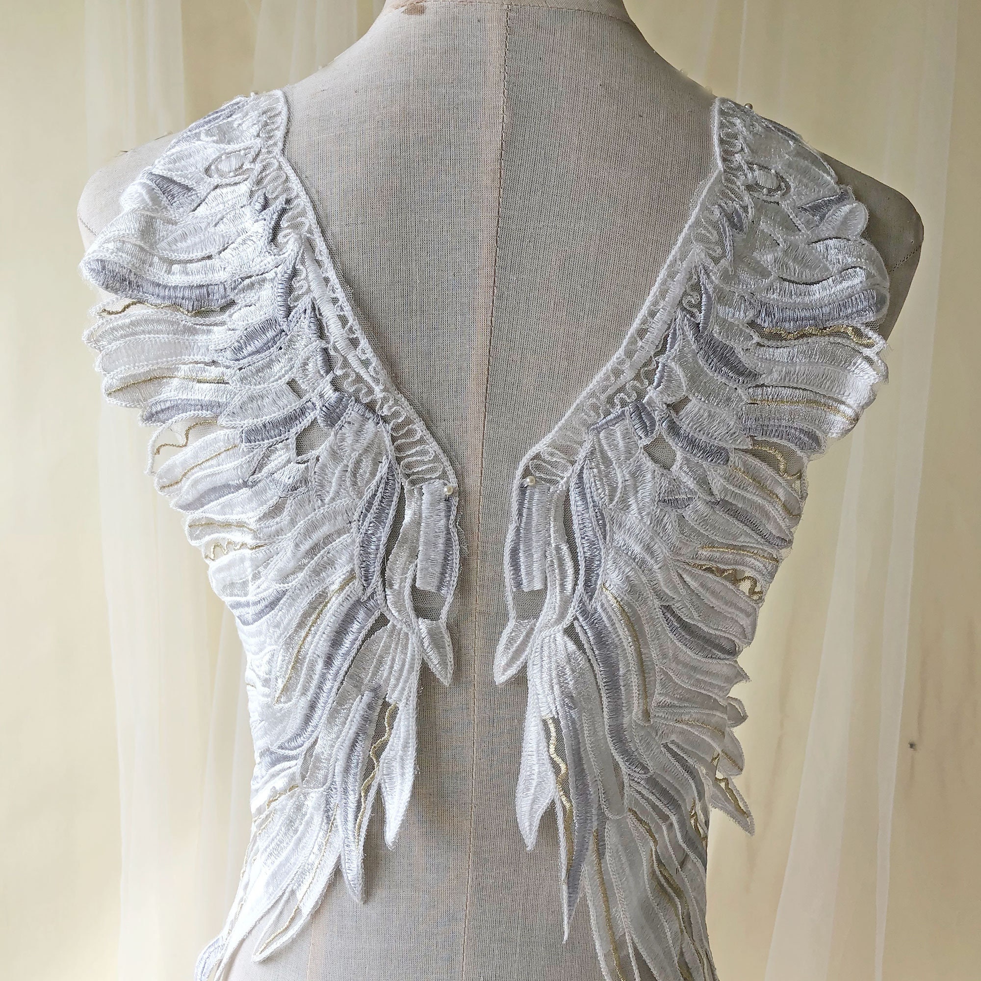 Silver White Angel Wings Lace Applique Mirror Pair Embroidery | Etsy