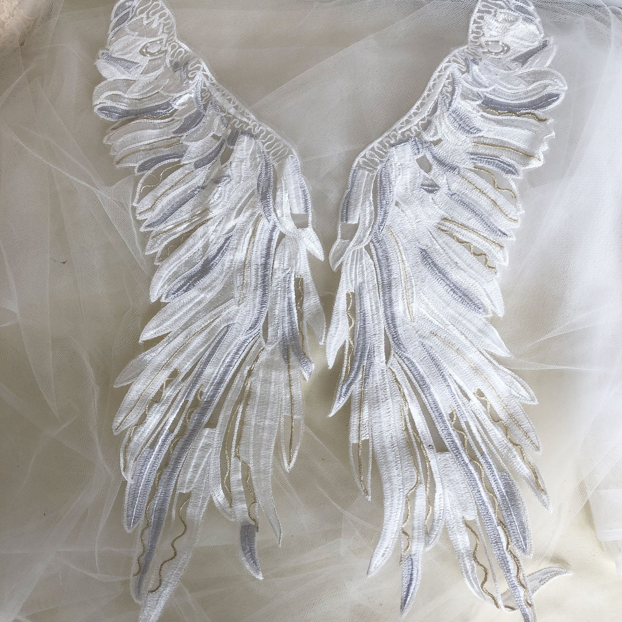 Silver White Angel Wings Lace Applique Mirror Pair Embroidery | Etsy