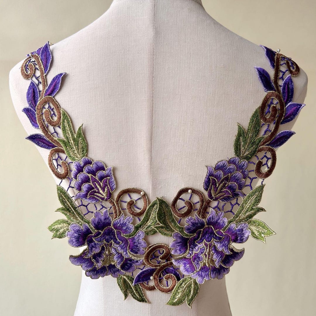 Metallic Gold Embroidery Lace Patches Mirror Pair Flower Applique Jeans ...