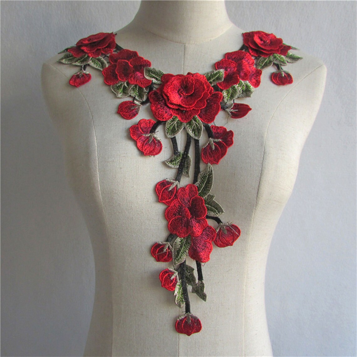 Red Flower Applique Red Rose Leaves Neckline Trim Embroidery - Etsy