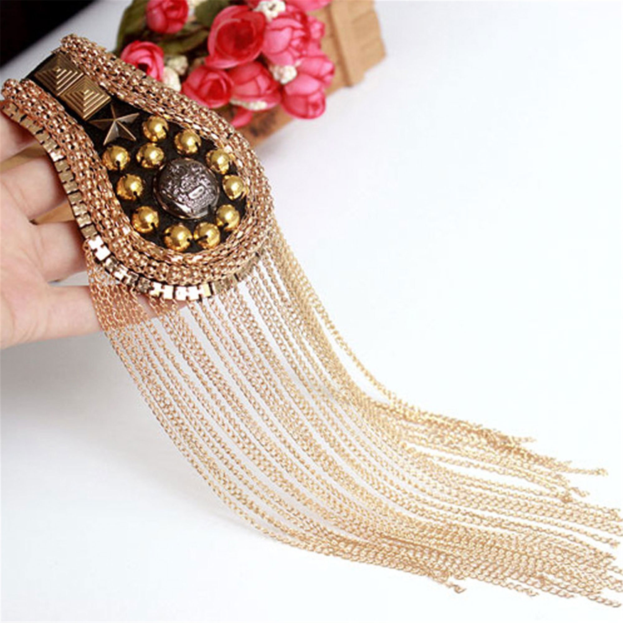 Punk Costume Uniform Shoulder Badge Mirror Pair Metal Tassel Chain ...