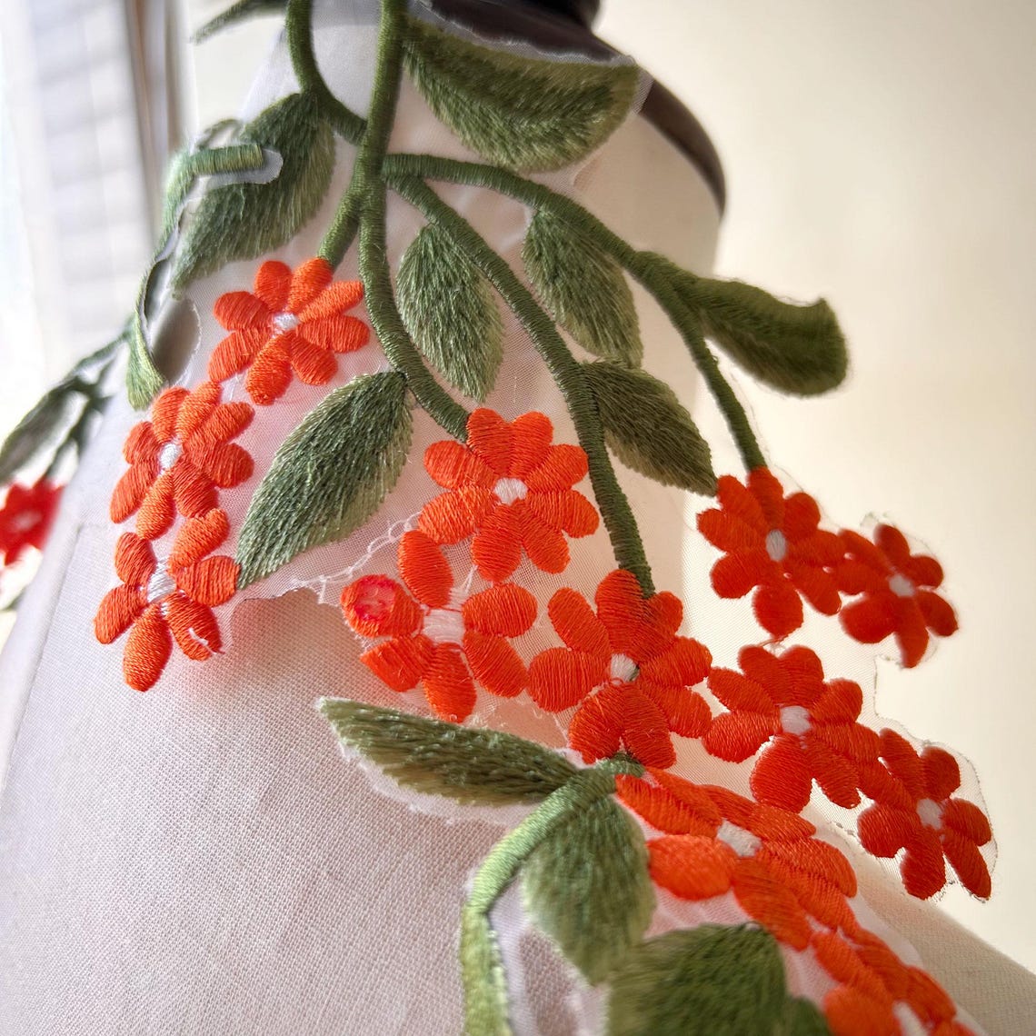 Green Leaves Red Flower Applique Mirror Pair Embroidery Lace Patch for ...