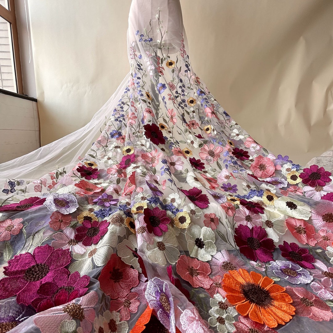 3D Flower Lace Fabric Bright Colorful Embroidery Floral Tulle for Prom Dress Wedding Gown 51 ...