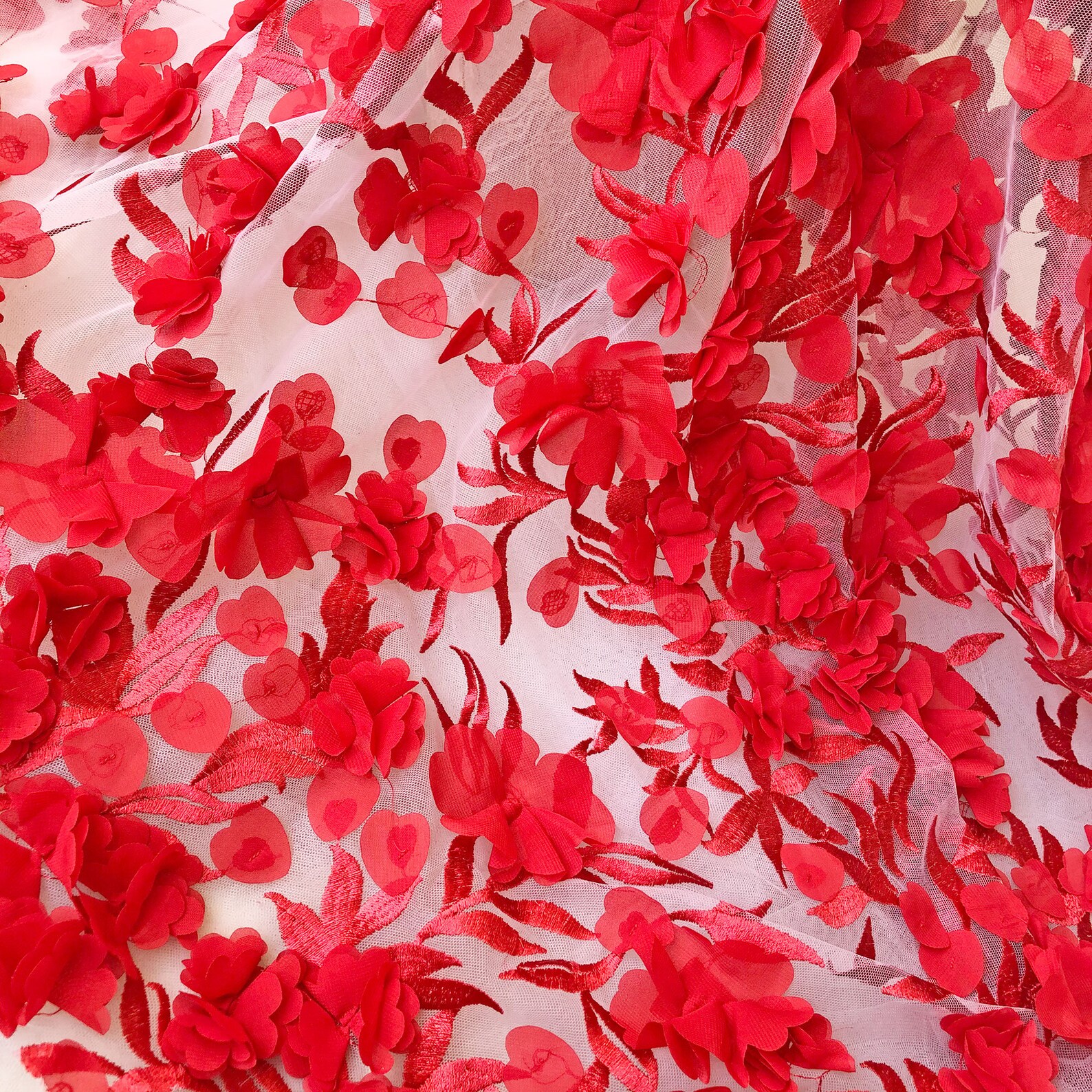 Red Flower Lace Fabric Charm Red Chiffon Floral Embroidery Vines Lace ...