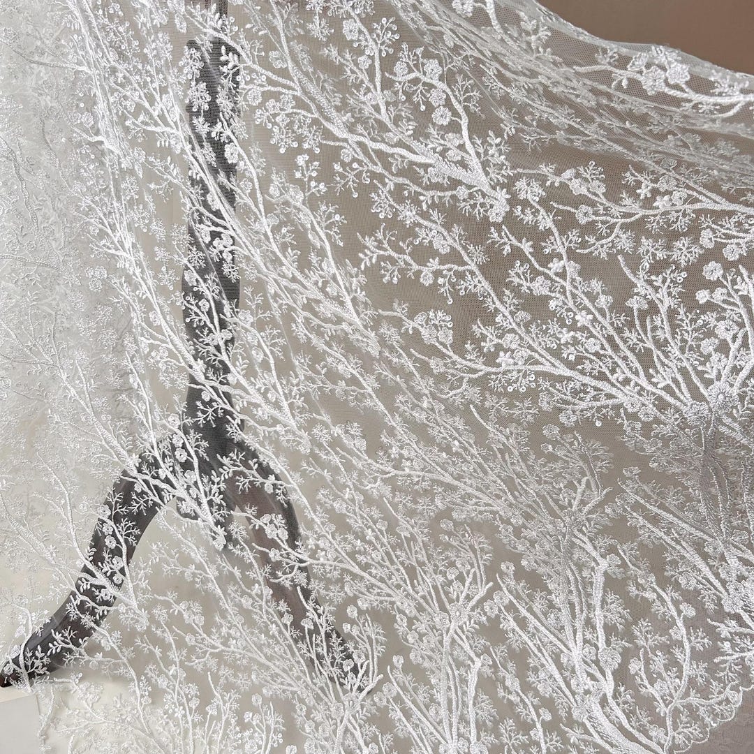 Wedding Dress Lace Shimmery Clear Sequined Tree Branch Lace Fabric ...