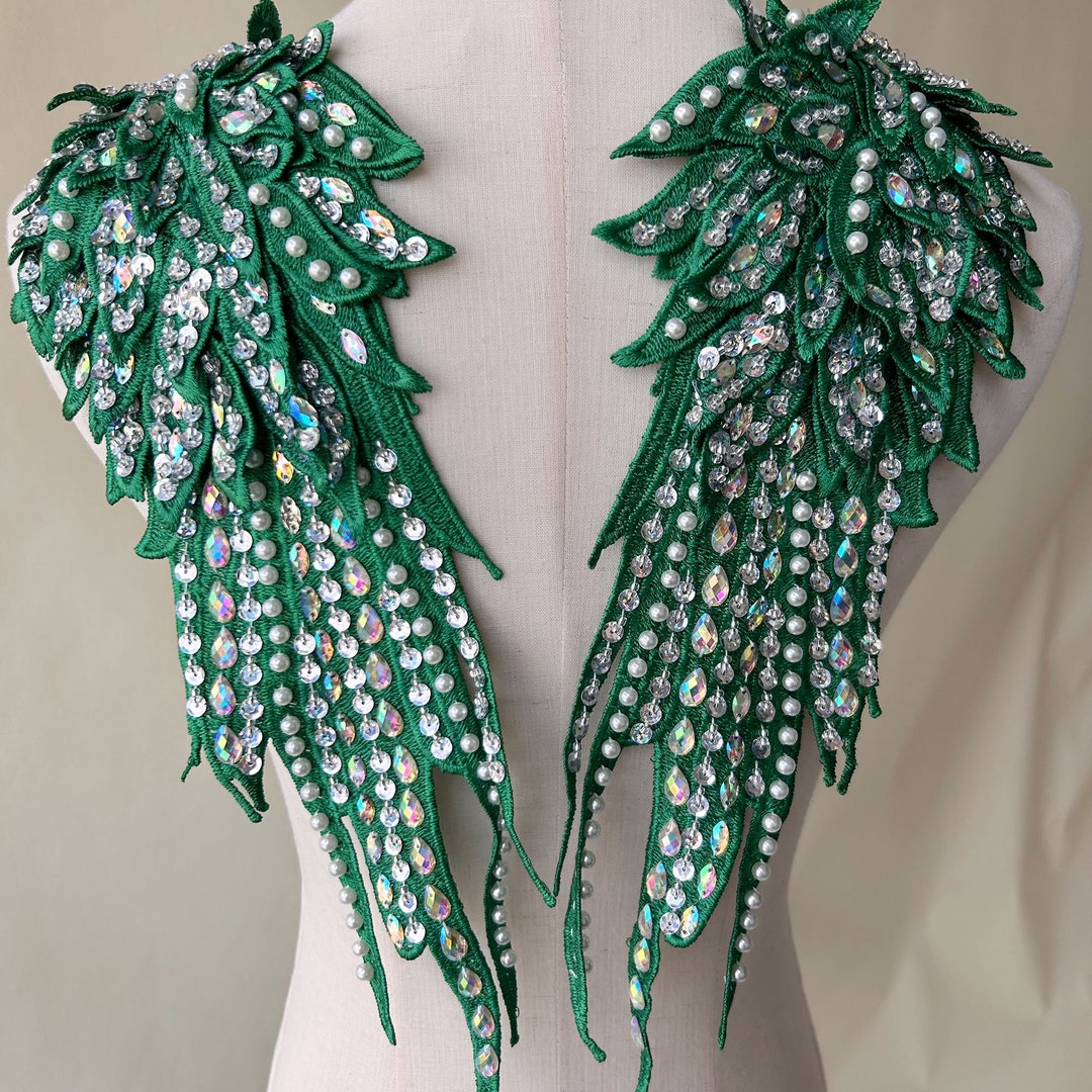 Mirror Pair Beaded Wings Emerald Angels Beaded Applique Shoulder ...