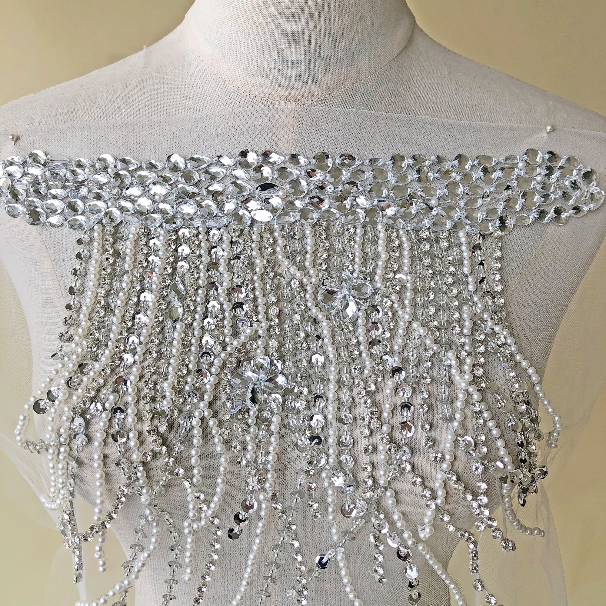 Party Neckline Trim Halter Applique Rhinestone Sequined Beaded Bodice ...