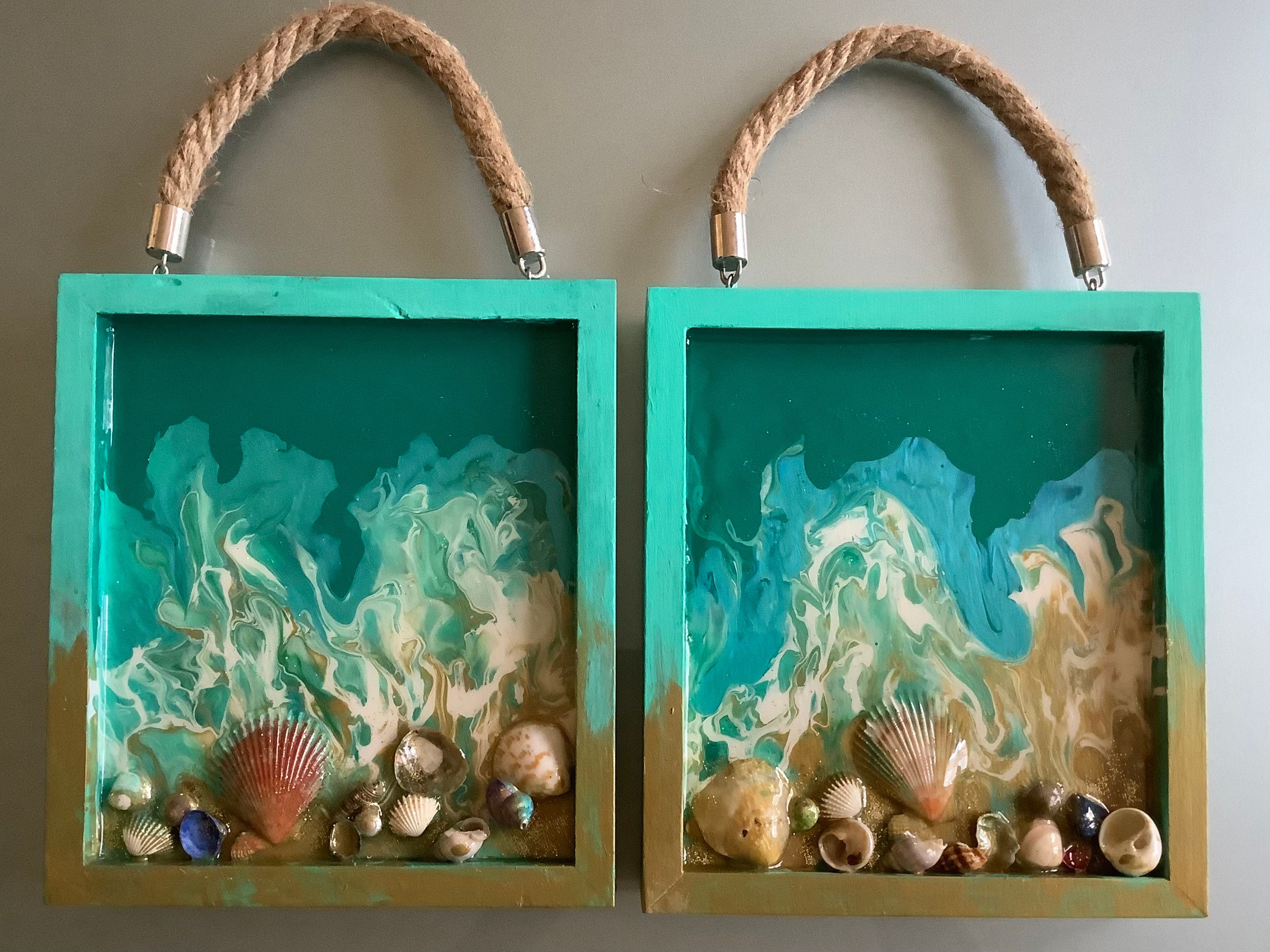 Ocean Sky Blue Green Shadow Box, Hanging Wall Art, Set of 2, 3D Ocean ...
