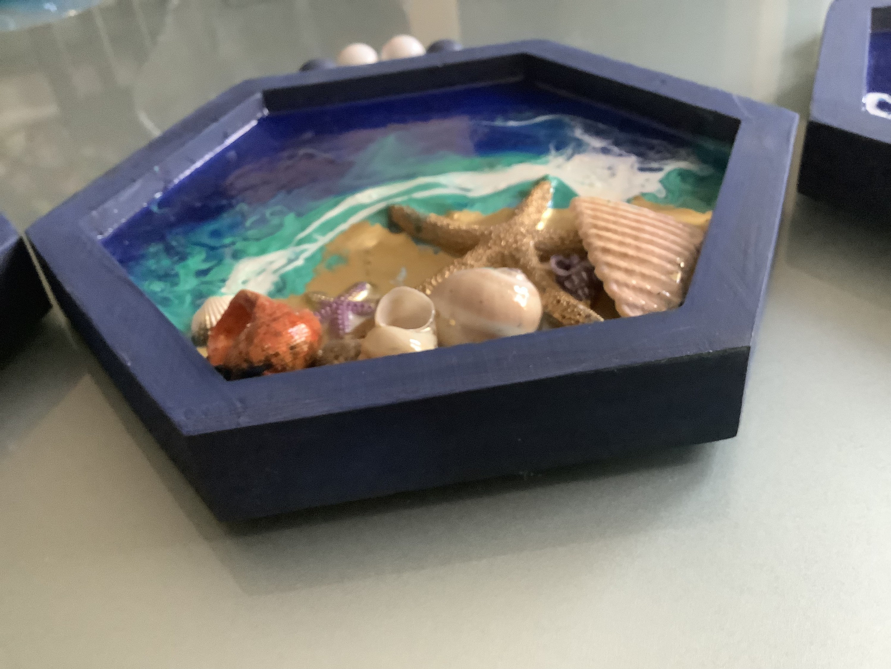 Ocean Blue Shadow Box, Hanging Wall Art, Set of 3, Hexagonal Beach ...