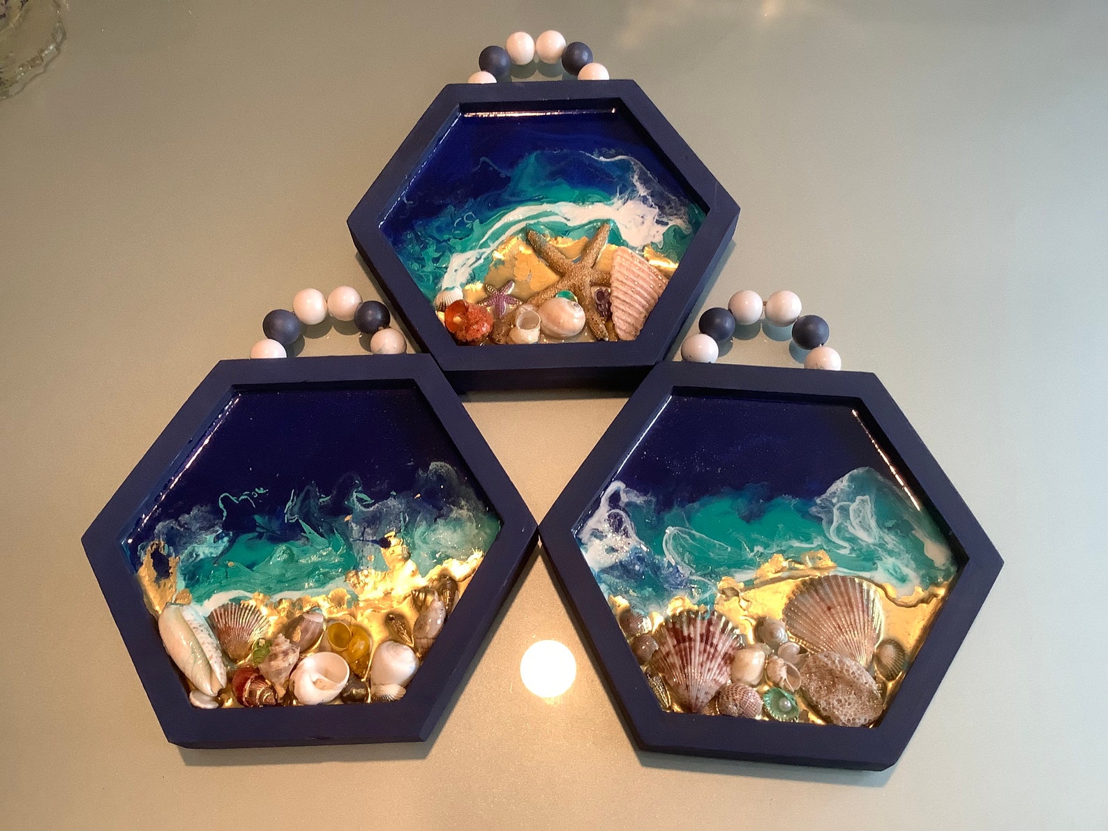 Ocean Blue Shadow Box Hanging Wall Art Set of 3 Hexagonal - Etsy