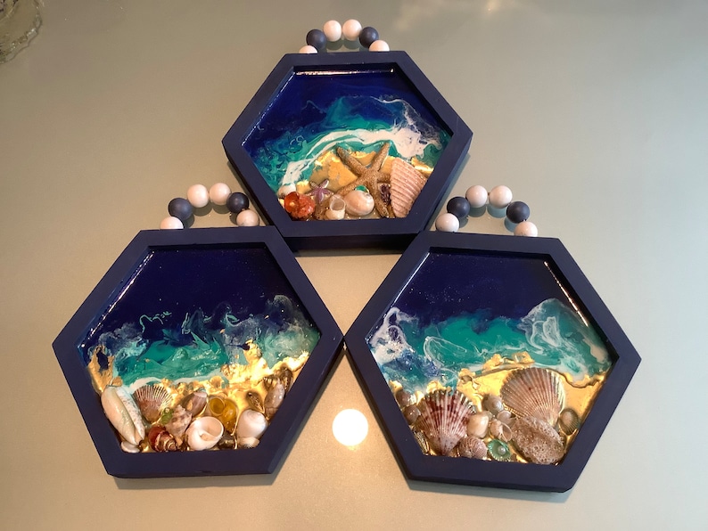 Ocean Blue Shadow Box Hanging Wall Art Set of 3 Hexagonal - Etsy