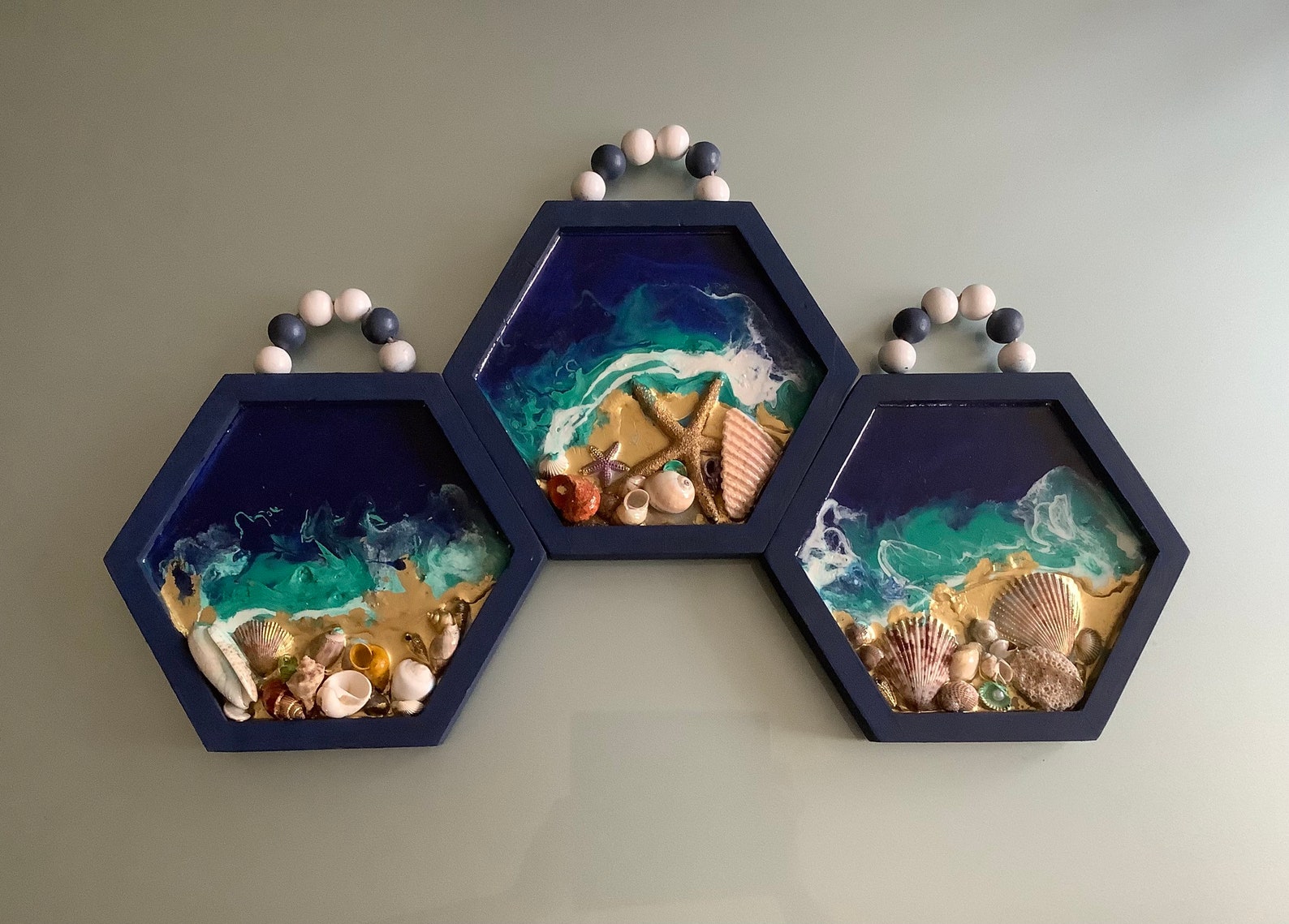 Ocean Blue Shadow Box, Hanging Wall Art, Set of 3, Hexagonal Beach ...