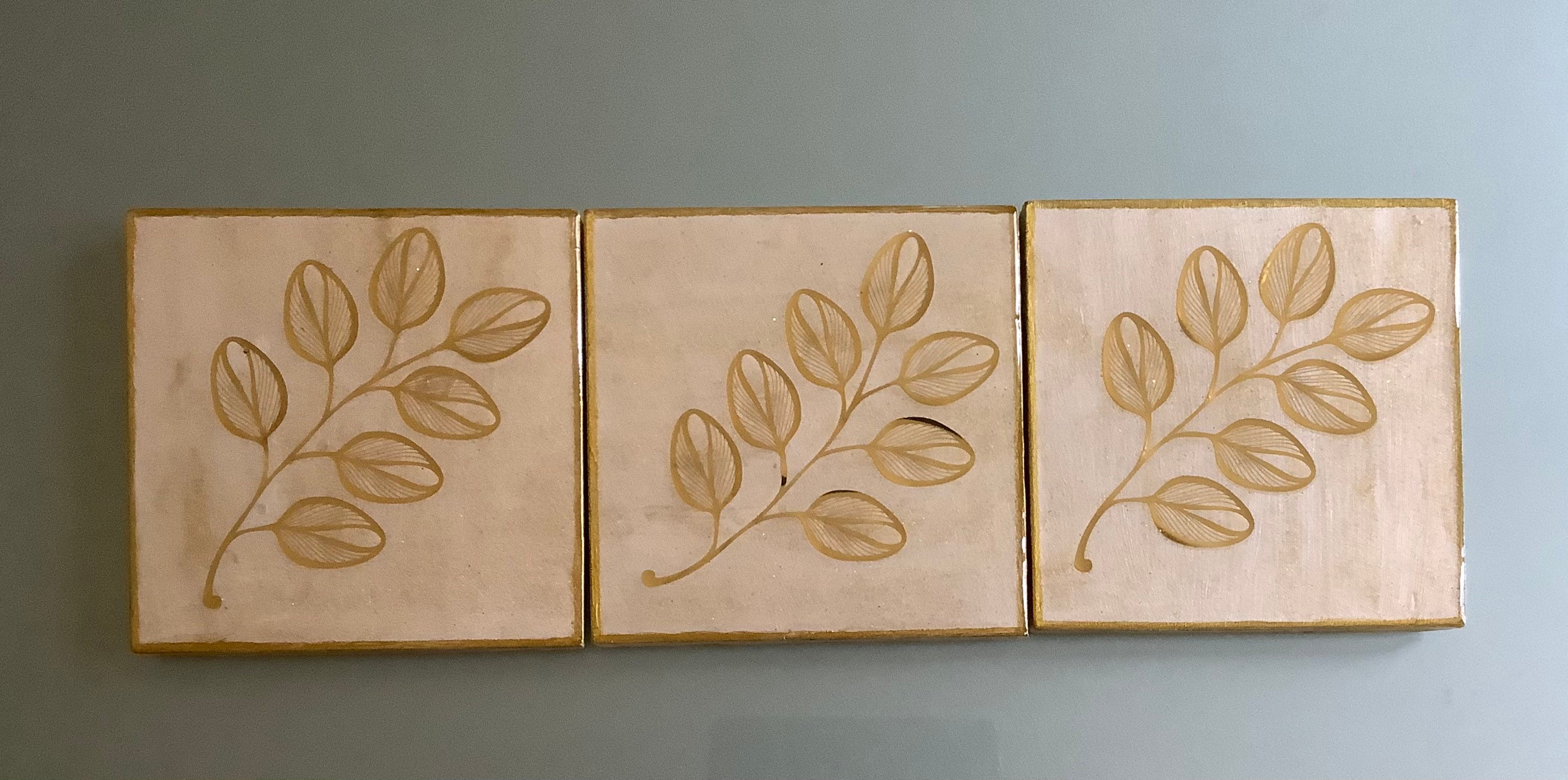 Wooden Square Wall Art, Set of 3 Wall Decor, Pearly Look With Gold ...