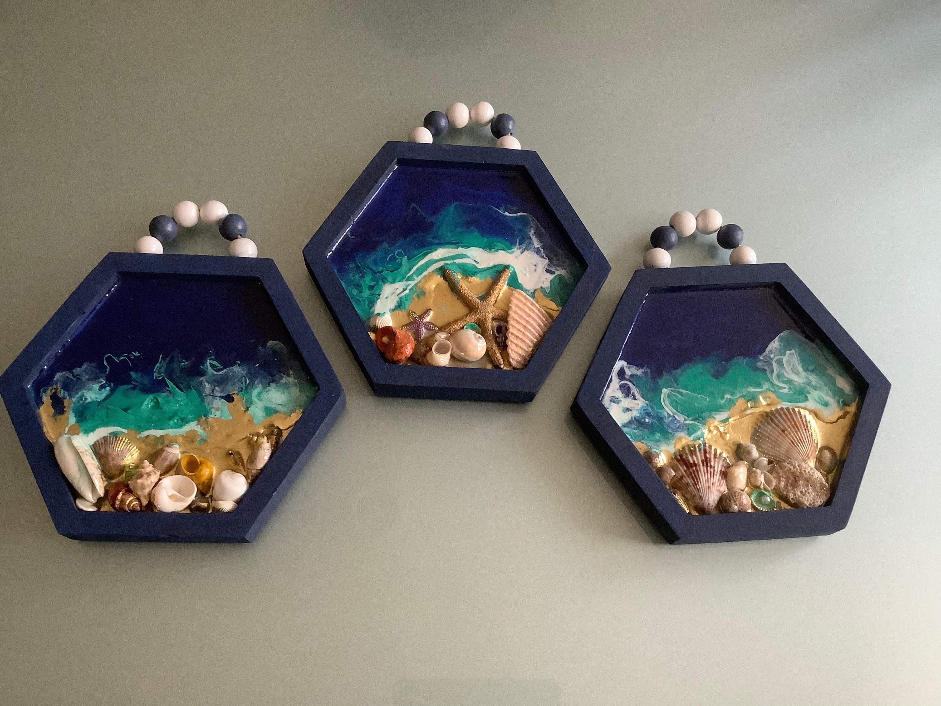 Ocean Blue Shadow Box, Hanging Wall Art, Set of 3, Hexagonal Beach ...