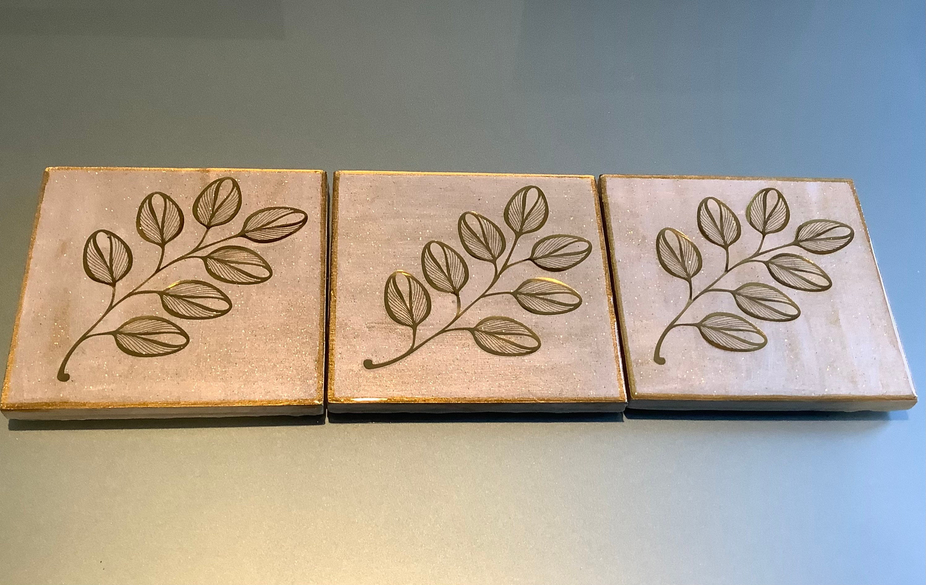 Wooden Square Wall Art, Set of 3 Wall Decor, Pearly Look With Gold ...