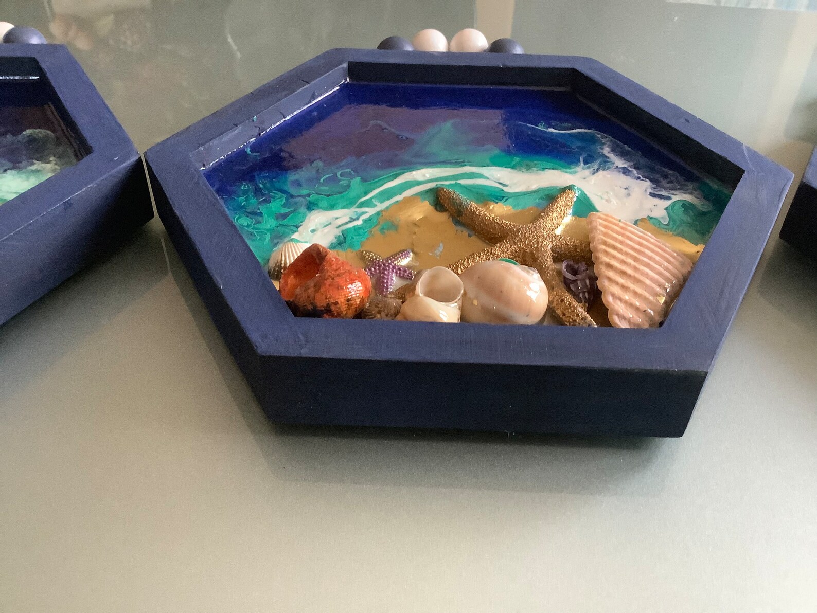 Ocean Blue Shadow Box, Hanging Wall Art, Set of 3, Hexagonal Beach ...