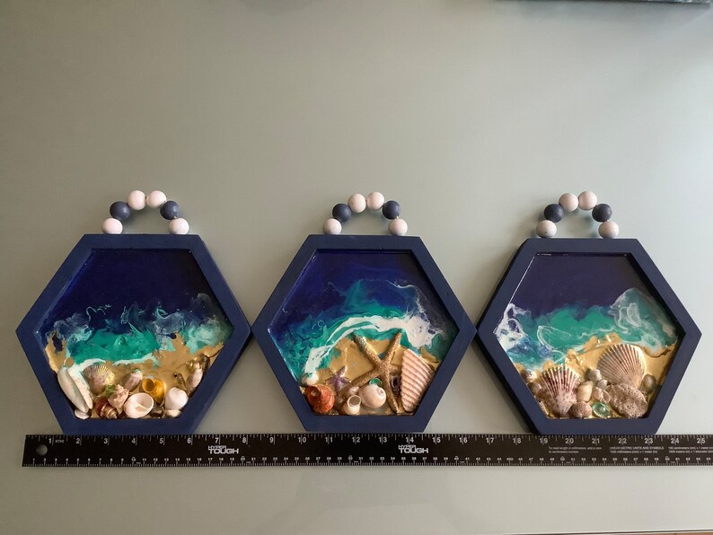 Ocean Blue Shadow Box, Hanging Wall Art, Set of 3, Hexagonal Beach ...
