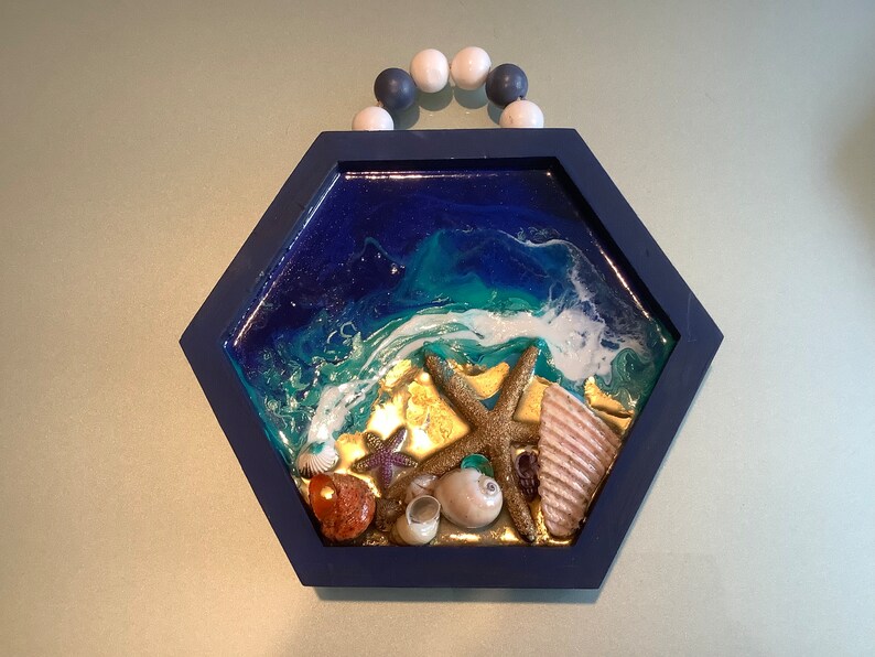 Ocean Blue Shadow Box, Hanging Wall Art, Set of 3, Hexagonal Beach ...