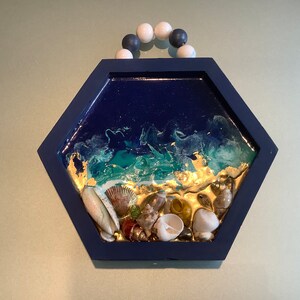 Ocean Blue Shadow Box, Hanging Wall Art, Set of 3, Hexagonal Beach ...