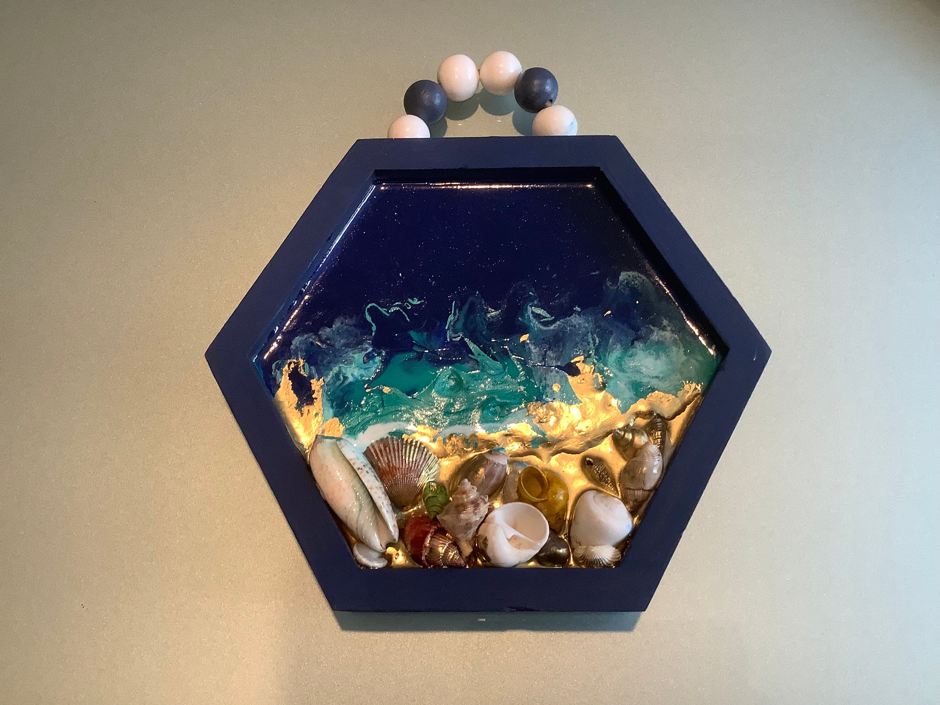 Ocean Blue Shadow Box, Hanging Wall Art, Set of 3, Hexagonal Beach ...