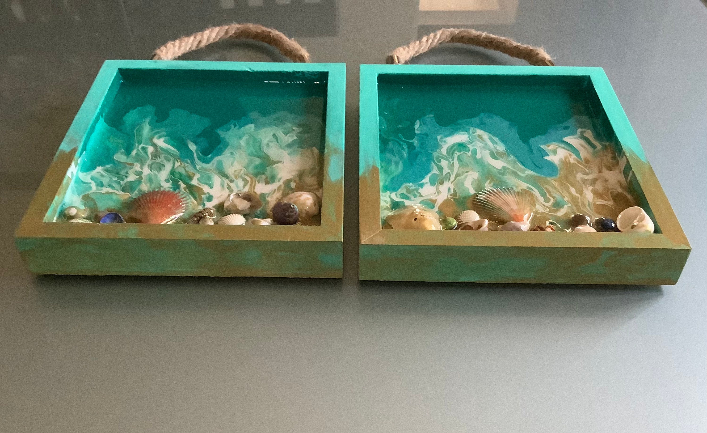 Ocean Sky Blue Green Shadow Box, Hanging Wall Art, Set of 2, 3D Ocean ...