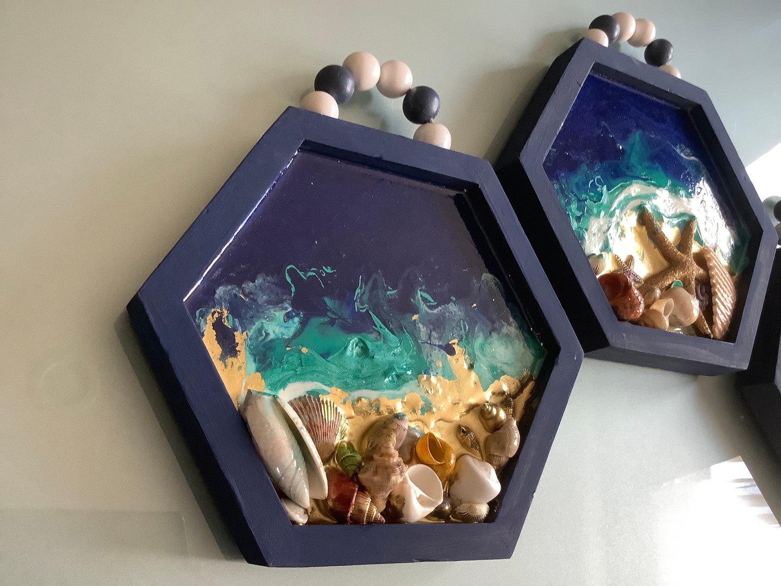 Ocean Blue Shadow Box, Hanging Wall Art, Set of 3, Hexagonal Beach ...