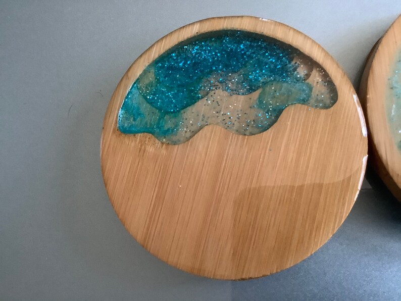 Wooden Round Coasters, River Theme, Sky Blue, Epoxy Resin, Use Hot or ...