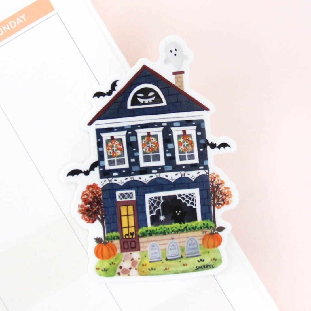 Haunted House Vinyl Sticker | Cute Spooky Halloween Ghost Bat Cat ...