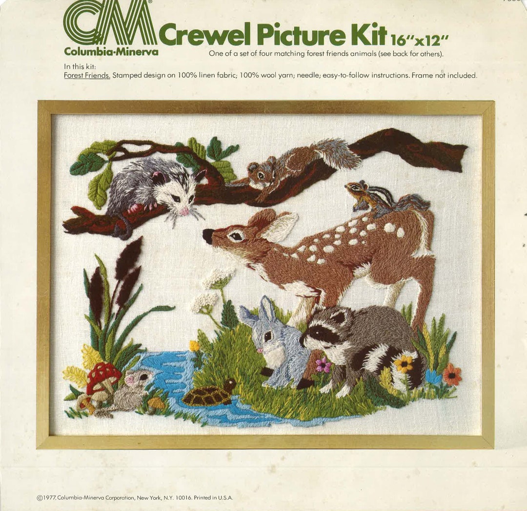 Vintage Crewel Embroidery / Vintage Embroidery / Forest Friends Crewel ...