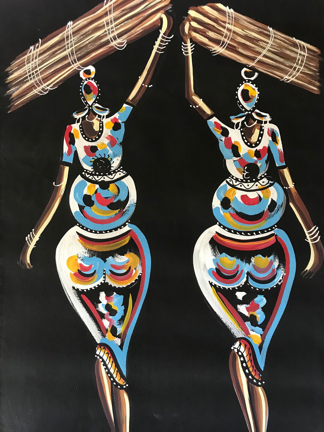 Vivid Abstract Painting of an African Women on Canvas Multi-color ...