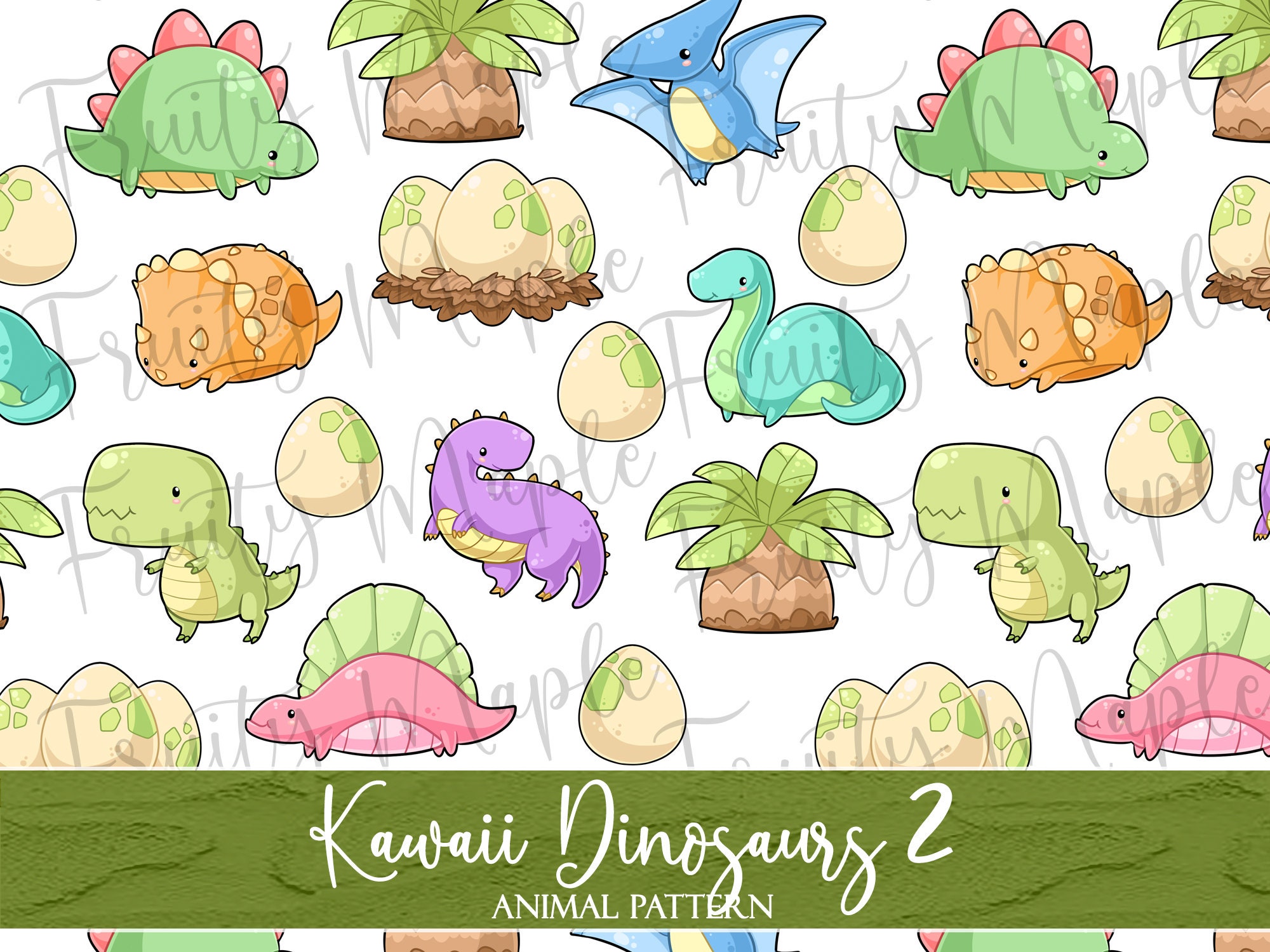 Kawaii Dinosaur Seamless Pattern, Dinosaur Scrapbook Paper, Dinosaur ...