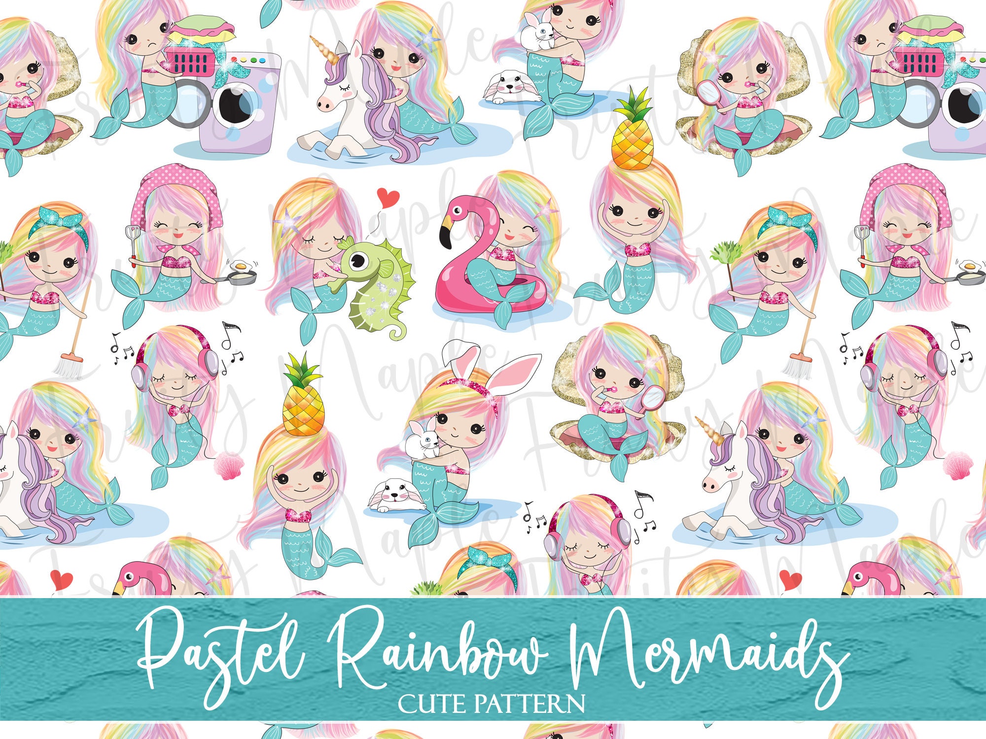 Mermaid Seamless Pattern, Pastel Rainbow Mermaid Digital Paper, Mermaid ...