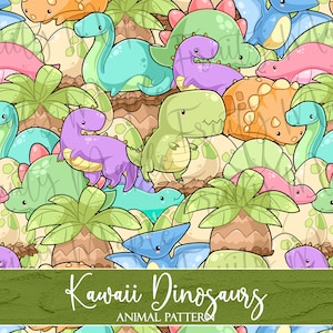 Kawaii Dinosaur Seamless Pattern, Dinosaur Digital Paper, Dinosaur ...