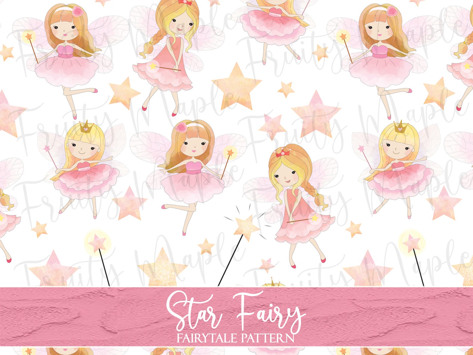 Star Fairy Seamless Pattern, Pink Fairy Digital Paper, Cute Girl Fabric ...