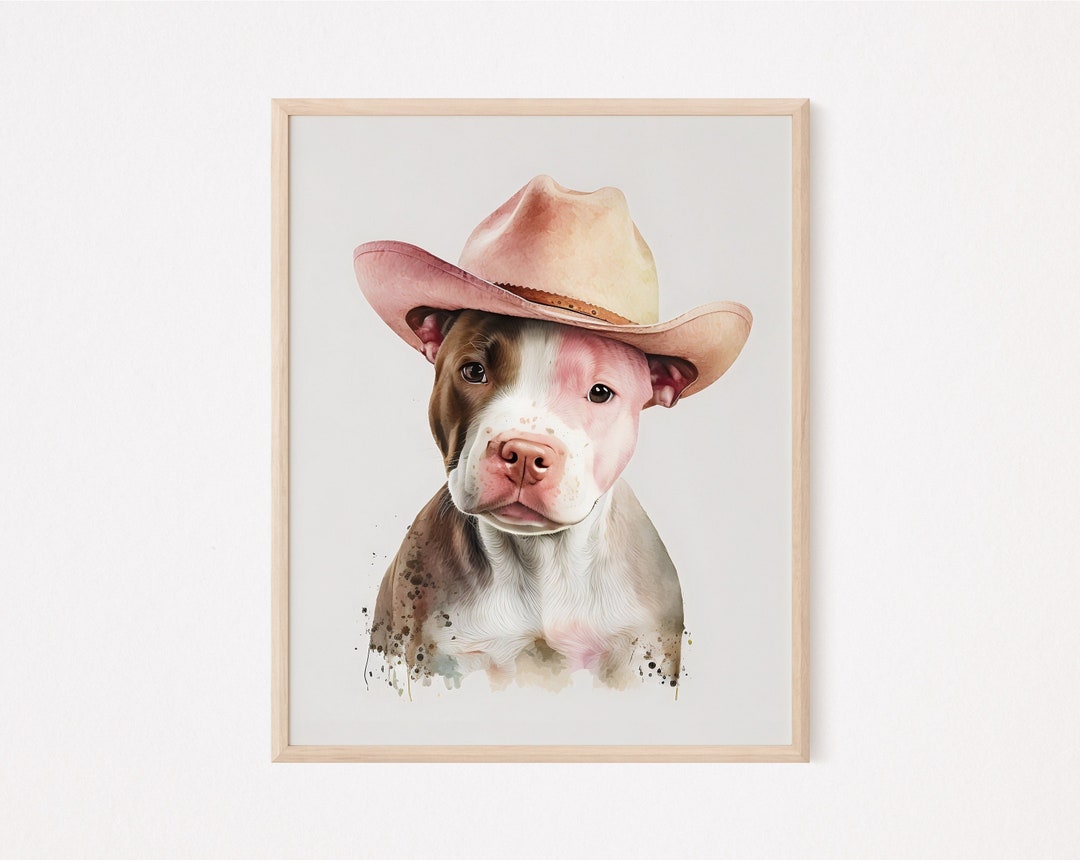 American Pitbull Terrier Watercolor Portrait Wall Art Cowboy Pitbull ...