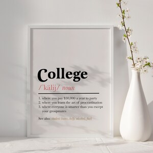 College Definition Print | College Definition Quote | College Dorm Sign ...