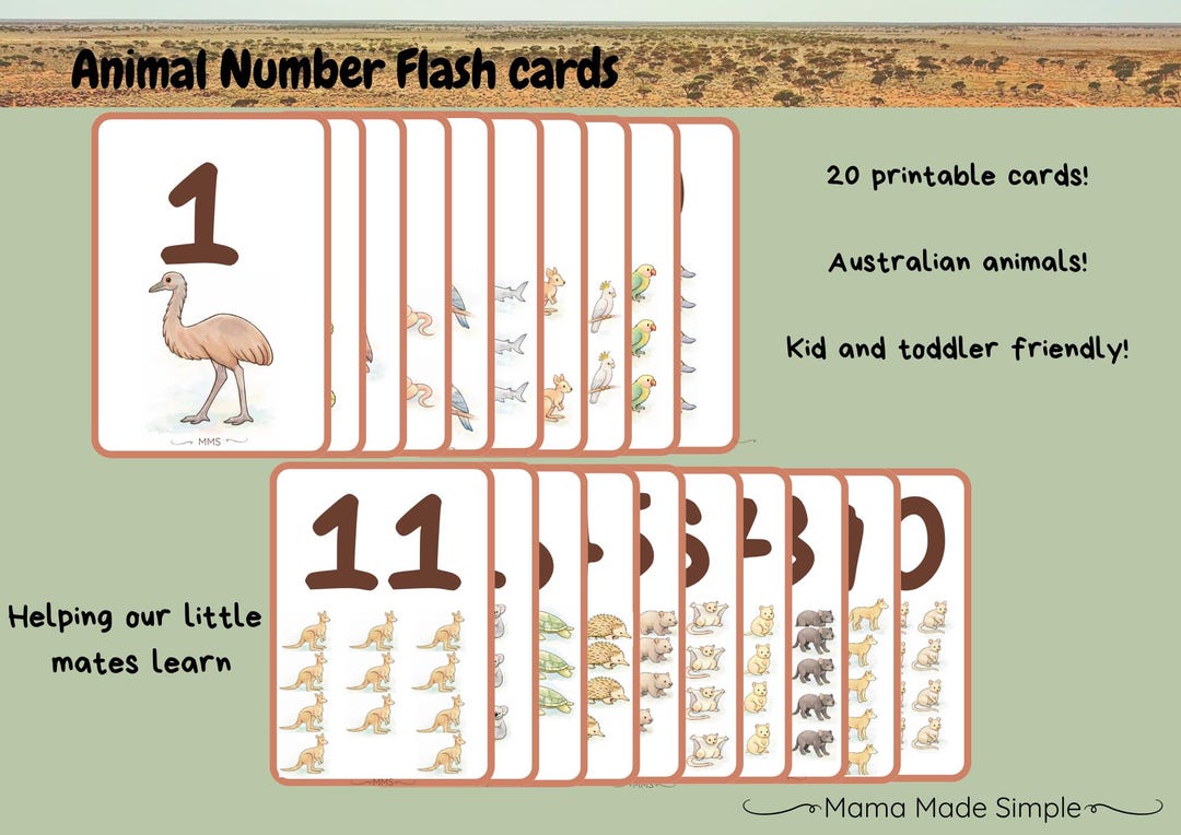 Australian Counting Flash Cards for Kids, for Toddlers, Animals, Flash ...
