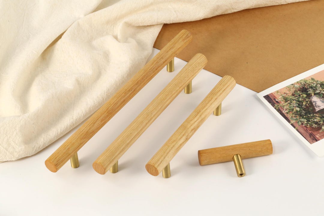 Beech Wood Natural Drawer Handles Wood Brass Cabinet Pulls Wardrobe T ...
