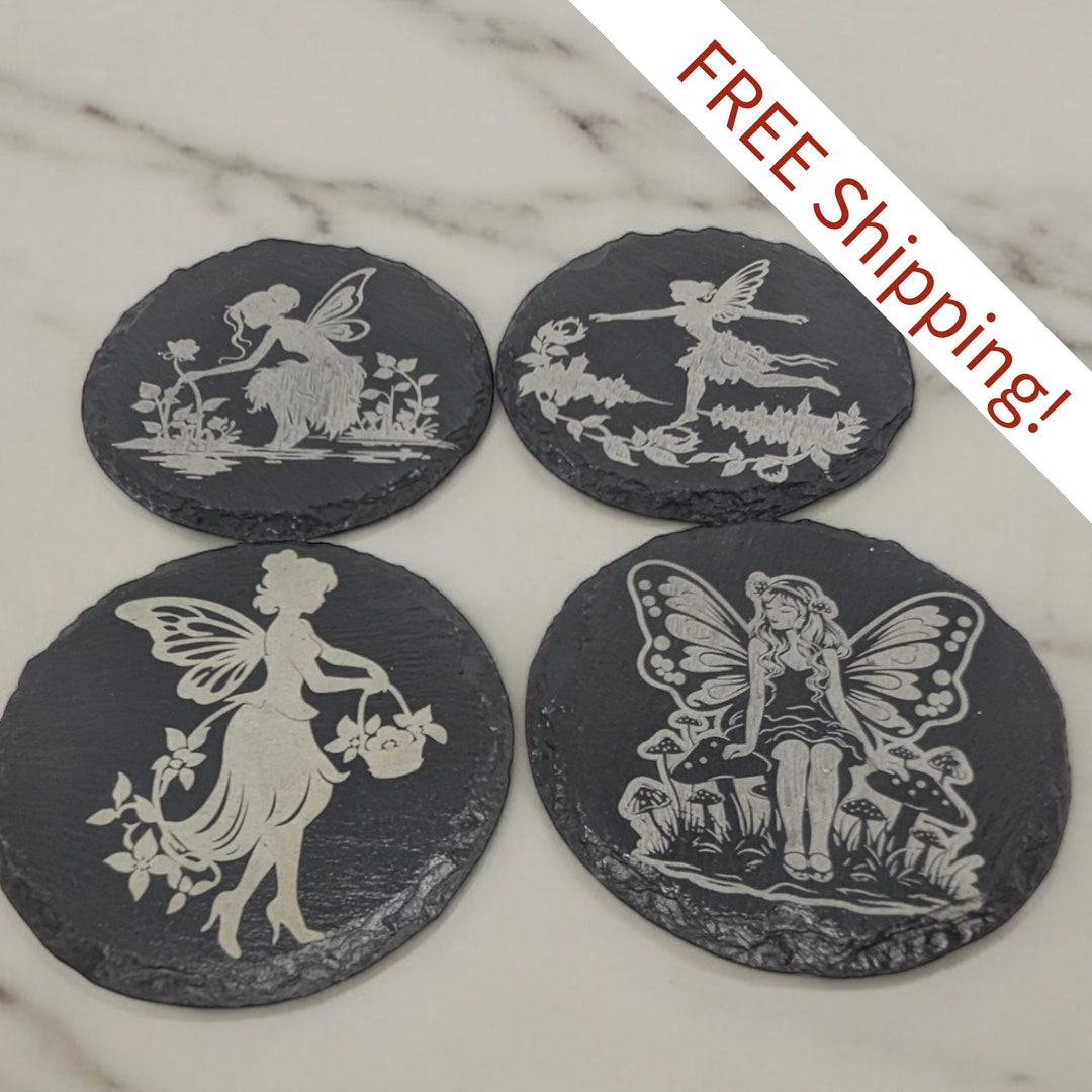 Fairy Lineart Round Slate 4 Coasters Set - Handcrafted Laser Engraved ...