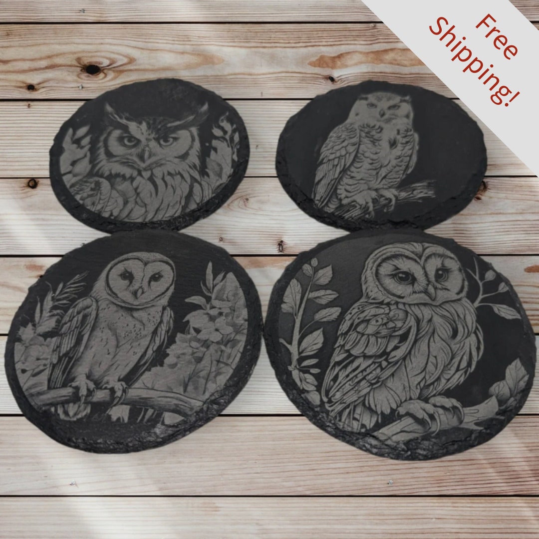 Laser Engraved Owl Slate Coasters - Set of 4, Handcrafted - Etsy